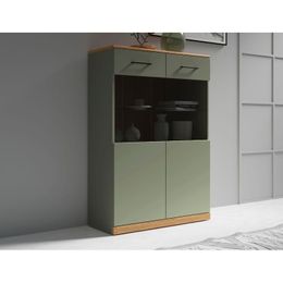 Home Affaire Highboard »Ribe, 125cm hoch, 87cm breit, 4 breite Fächer« Oberplatte Eiche massiv, dunkles Glas, schwarze Metall Griffe salbei/eiche...