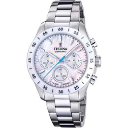 Festina Chronograph »Ceramic« Quarzuhr, Armbanduhr, Damen, Herren, Edelstahlarmband, Keramiklünette silberfarben-perlmuttfarben Stilvoller Chronograph