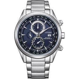 Citizen Funk-Multifunktionsuhr Armbanduhr, Herrenuhr, Solar, Edelstahlarmband, Saphirglas, Datum silberfarben-dunkelblau Exquisiter Herrenchronograph