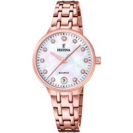 Festina Quarzuhr »Mademoiselle« Armbanduhr, Damenuhr, Edelstahlarmband, analog, Tag, Zirkonia (synth.) roségoldfarben,perlmuttfarben Stilsichere...