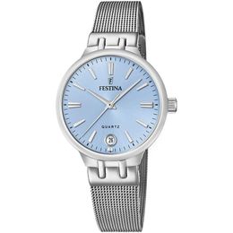 Festina Quarzuhr »Mademoiselle« Armbanduhr, Damenuhr, Edelstahlarmband, analog, Datum silberfarben-hellblau Stilsichere Damenarmbanduhr