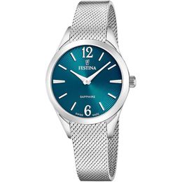 Festina Quarzuhr »Grace« Armbanduhr, Damenuhr, Swiss Made, Edelstahlarmband, Saphirglas silberfarben-blau Bezaubernde Armbanduhr für Damen