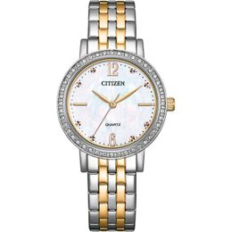 Citizen Quarzuhr Armbanduhr, Damenuhr, Edelstahlarmband, analog silberfarben-goldfarben Elegante Damenarmbanduhr