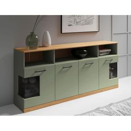 Home Affaire Sideboard »Ribe, 180cm breit, 80cm hoch, 9 Fächer« Oberplatte Eiche massiv, schwarze Metall Griffe, 2 Türen mit Glaseinsatz...