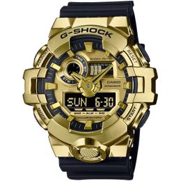 Casio G-SHOCK Chronograph Quarzuhr, Armbanduhr, Herrenuhr, bis 20bar wasserdicht, Resinarmband schwarz-goldfarben Markanter Herrenchronograph