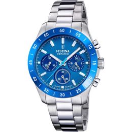 Festina Chronograph &raquo;Ceramic&laquo; Quarzuhr, Armbanduhr, Damen, Herren, Edelstahlarmband, Keramikl&uuml;nette silberfarben-blau Stilvoller Chronograph