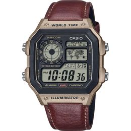 CASIO TIMELESS COLLECTION Chronograph Quarzuhr, Armbanduhr, Herrenuhr, Lederarmband, Digitaluhr braun-bronzefarben Markanter Herrenchronograph