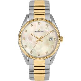 Jacques Lemans Quarzuhr &raquo;Derby&laquo; Armbanduhr, Damenuhr, Datum, Perlmutt-Zifferblatt, Edelstahlarmband silbergoldfarben-perlmuttfarben Edel wirkende...