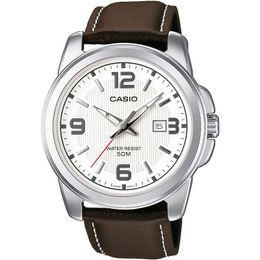 CASIO TIMELESS COLLECTION Quarzuhr Armbanduhr, Herrenuhr, analog, Datum, Lederarmband dunkelbraun-weiß Elegante Herrenarmbanduhr