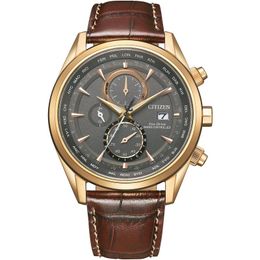 Citizen Funk-Multifunktionsuhr Armbanduhr, Herrenuhr, Solar, Lederarmband, Saphirglas, Datum braun-anthrazit Edel wirkender Herrenchronograph