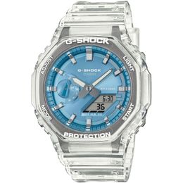 Casio G-SHOCK Chronograph Quarzuhr, Armbanduhr, Herrenuhr, digital, bis 20bar wasserd. Resinarmband transparent-himmelblau Markanter Herrenchronograph