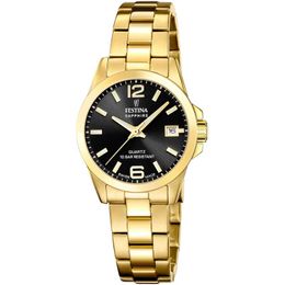 Festina Quarzuhr Armbanduhr, Damenuhr, Swiss Made, Edelstahlarmband, analog, Tag goldfarben-schwarz Aparte Damenarmbanduhr