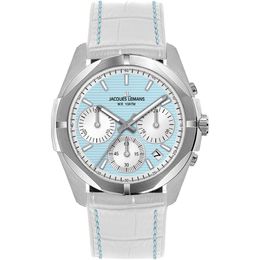 Jacques Lemans Chronograph »Monte Carlo« Quarzuhr, Armbanduhr, Damenuhr, Datum, Stoppfunktion, Lederarmband weiß-hellblau 0 Geschmackvoller...