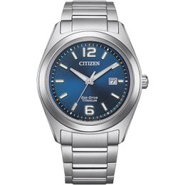 Citizen Solaruhr Armbanduhr, Herrenuhr, Titan, Datum titansilberfarben-blau Zeitlose Herrenarmbanduhr