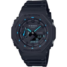 Casio G-SHOCK Chronograph Quarzuhr, Armbanduhr, Herrenuhr, digital, bis 20bar wasserd.Resinarmband schwarz-neonblau Äußerst modischer...
