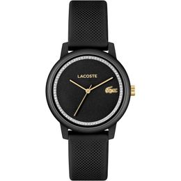 Lacoste Quarzuhr ».12.12 GO« Armbanduhr, Damenuhr, analog, Glaskristalle, Silikonarmband schwarz Coole Damenarmbanduhr