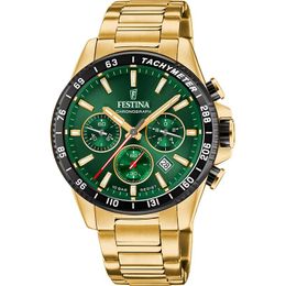 Festina Chronograph »Timeless Chronograph« Armbanduhr, Quarzuhr, Herrenuhr, Stoppfunktion, Edelstahlarmband goldfarben-grün Modischer...