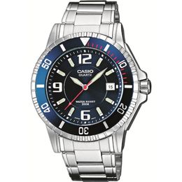 CASIO TIMELESS COLLECTION Quarzuhr Armbanduhr, Herrenuhr, Datum, bis 20 bar wasserdicht, Edelstahlarmband silberfarben-blau Zeitlose Herrenarmbanduhr