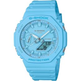 Casio G-SHOCK Chronograph Quarzuhr, Armbanduhr, Herrenuhr, digital, bis 20bar wasserd.Resinbarmband türkis Markanter Chronograph