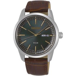 Seiko Solaruhr Armbanduhr, Herrenuhr, Datum, Saphirglas, Lederarmband braun Schicke Herrenarmbanduhr
