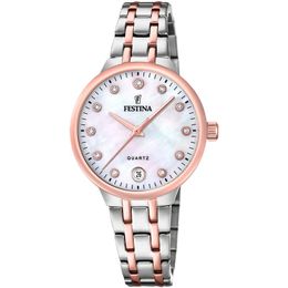 Festina Quarzuhr &raquo;Mademoiselle&laquo; Armbanduhr, Damenuhr, Edelstahlarmband, analog, Tag, Zirkonia (synth.) silberfarben, ros&eacute;goldfarben-perlmuttfarben...