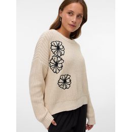 V&eacute;ro Moda Rundhalspullover VERO MODA "VMLAURA LS O-NECK PULLOVER BOO", Damen, Gr. M, beige (birch detail:with schwarz), Strick, Obermaterial: 60% Baumwolle, 40% Polyacryl, gemustert, regular fit, Rundhals, Rippstrickb&uuml;ndchen, Pullover Rundhalspullover