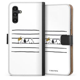 DeinDesign Galaxy A13 5G Handy Klapph&uuml;lle Handyh&uuml;lle aus Kunst Leder schwarz Flip Case Snoopy Dog Peanuts Sideflip mit langer Lasche