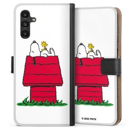 DeinDesign Galaxy A13 5G Handy Klapph&uuml;lle Handyh&uuml;lle aus Kunst Leder schwarz Flip Case Snoopy Peanuts Official Licensed Product Sideflip mit langer Lasche