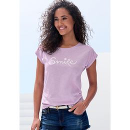 Beach Time T-Shirt BEACHTIME "mit Frontdruck "Smile", Damen, Gr. 36/38, lila (flieder), Obermaterial: 100% Baumwolle, bedruckt, bequem normal, Rundhals, mit Aufschlag, Shirts T-Shirt, aus weicher Baumwoll-Qualit&auml;t, Topseller