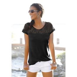 Strandshirt Lascana, Damen, Gr. 36/38, schwarz, Jersey, Obermaterial: 95% Viskose, 5% Elasthan. Spitze: 90% Polyamid, 10% Elasthan, unifarben, figurumspielend h&uuml;ftlang, Rundhals, Shirts, mit Spitzeneinsatz, T-Shirt, Kurzarmshirt, feminin-modisch