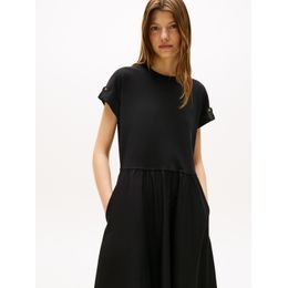 Tommy Hilfiger Damen A-Linien-Kleid "MODERN CODY MIDI MIX F&F DRS", schwarz, Gr. M, unifarben, Web, Obermaterial: 97% Baumwolle, 3% Elasthan, Kleider