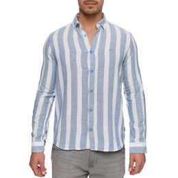 INDICODE Herren Langarmhemd "INDonuld", blau, Gr. L, gestreift, Web, Obermaterial: 55% Leinen, 45% Baumwolle, Hemden