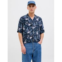 Jack & Jones JACK & JONES Herren Kurzarmhemd "JJEJEFF TROPICAL AOP RESORT SHIRT SS SN", blau, Gr. S, bedruckt, Web, Obermaterial: 100% Viskose, Hemden, mit