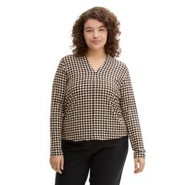 Langarmshirt Tom Tailor PLUS, Damen, Gr. 46, beige (beige geometric minimal), Single Jersey, Obermaterial: 95% Viskose, 5% Elasthan, gemustert, regular fit taillenbedeckt, V-Ausschnitt, gerader Abschluss, Shirts Langarmshirt, mit Muster