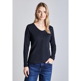 Street One Damen Langarmshirt, blau, Gr. 46, unifarben, Web, 100% Baumwolle, Shirts, mit abgerundetem V-Ausschnitt