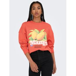 Only Damen Sweatshirt "ONLPHILEA L/S FRUIT O-NECK UB SWT"nasturtium print:mango, Gr. S, bedruckt, Sweatware, Obermaterial: 80% Baumwolle, 20%