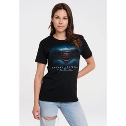 logoshirt Damen T-Shirt "Batman v Superman - Justice", schwarz, Gr. L, bedruckt, 100% Baumwolle, Shirts, mit gro&szlig;em Superhelden-Print