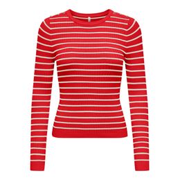 Only Damen Strickpullover "ONLMILA LS STRIPE BUTTON O-NECK CC KNT", rot, Gr. XL, gestreift, Strick, Obermaterial: 80% Viskose, 20% Polyamid, Pullover
