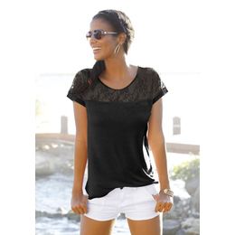 Lascana Strandshirt mit Spitzeneinsatz, T-Shirt, Kurzarmshirt, feminin-modisch schwarz 32/34 32/34 Spitzenshirt mit Rundhalsausschnitt