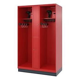 Feuerwehrspind C+P Evolo Maxi, 4 Abteile für 2 Personen, mit Helmhalter, mit Sockel, B 1200 x T 600 x H 1950 mm, RAL 3000 Feuerrot/RAL 7016 Anthrazitgrau