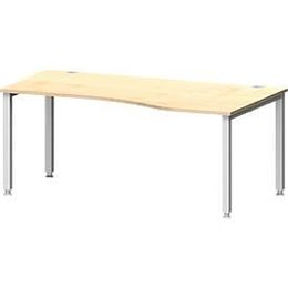 Schäfer Shop Schreibtisch MODENA FLEX, Freiform, Ansatz rechts, 4-Fuß Quadratrohr, B 1800 x T 1000/800 x H 720-820 mm, Ahorn/weißaluminium