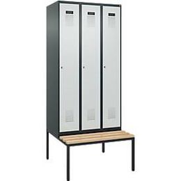 Kleiderspind C+P Evolo Plus, 3 Abteile, 300 mm Abteilbreite, mit untergebauter Sitzbank, B 900 x T 815 x H 2120 mm, Zylinder, anthrazitgrau/lichtgrau