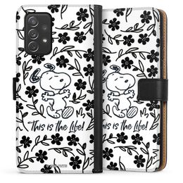 DeinDesign Galaxy A72 Handy Klapph&uuml;lle Handyh&uuml;lle aus Kunst Leder schwarz Flip Case Peanuts Flowers Snoopy Sideflip mit langer Lasche