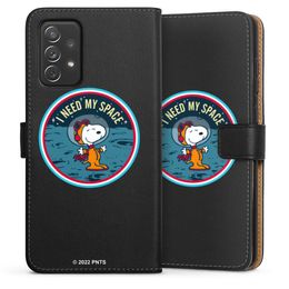 DeinDesign Galaxy A72 Handy Klapph&uuml;lle Handyh&uuml;lle aus Kunst Leder schwarz Flip Case Peanuts Snoopy Weltall Sideflip mit langer Lasche