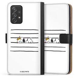 DeinDesign Galaxy A72 Handy Klapph&uuml;lle Handyh&uuml;lle aus Kunst Leder schwarz Flip Case Snoopy Dog Peanuts Sideflip mit langer Lasche