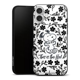 DeinDesign iPhone 16 Plus Handy Premium Silikon H&uuml;lle Handyh&uuml;lle schwarz Case Peanuts Flowers Snoopy Silikon Premium Case
