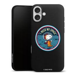 DeinDesign iPhone 16 Plus Handy Premium Silikon H&uuml;lle Handyh&uuml;lle schwarz Case Peanuts Weltall Snoopy Silikon Premium Case