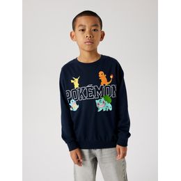Sweatshirt name it "NKMDAY – Sweater mit coolem Print und Rippbündchen", Jungen, Gr. 116, blau (schwarz sapphire), Sweatware, Obermaterial: 70% Baumwolle, 30% Polyester, bedruckt, regular fit hüftlang, Rundhals, Rippbündchen, Sweatshirts, bedruckt, casual, regular fit, Sweatware, Rundhals