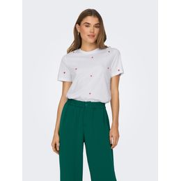 Kurzarmshirt Only "ONLKETTY LIFE S/S O-NECK TOP JRS NOOS", Damen, Gr. XS, wei&szlig; (hellwei&szlig; aop:heart), Jersey, Obermaterial: 100% Baumwolle, bedruckt, regular fit normal, Rundhals, Shirts