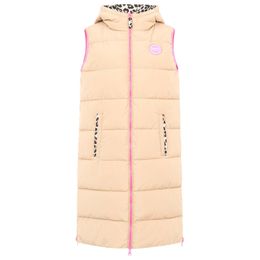 Wendeweste Zwillingsherz "Leopard", Damen, Gr. S, beige, Steppware, Obermaterial: 100% Polyester, normal knielang, ohne Ausschnitt, Westen, Leo Muster, beidseitig tragbar, modisch, Kapuze, Doppel-Zipper